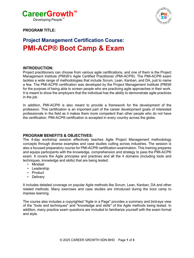 Career Growth Course Outline Pmi-Acp Exam Prep Boot Camp | PDF | Agile ...