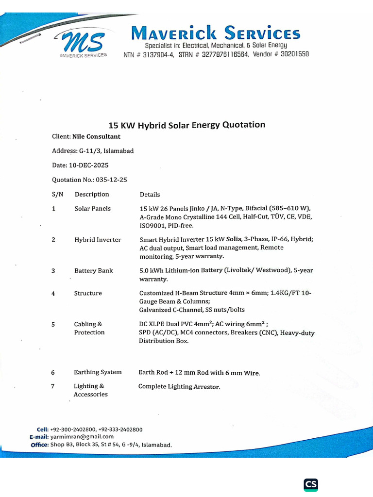 15 KW Hybrid Solar System Quotation | PDF