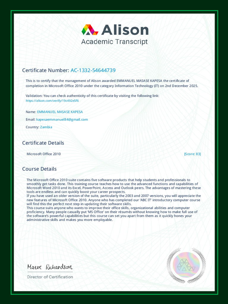 Alison-Transcript Microsoft Office 2010 | PDF | Microsoft Excel ...
