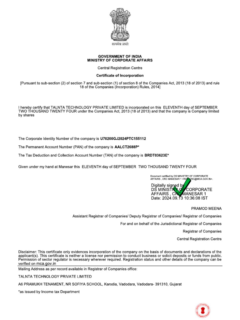 COI (Incorporation Certificate | PDF