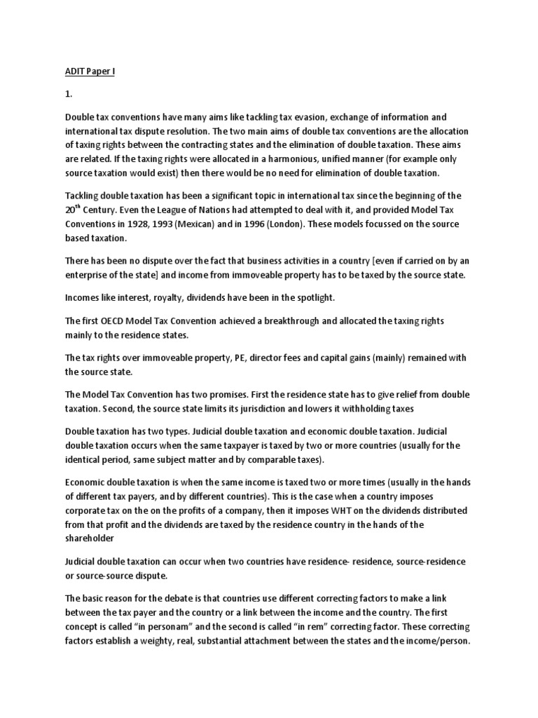ADIT Paper I - Candidate Script 2010 | PDF | Double Taxation | Tax Treaty