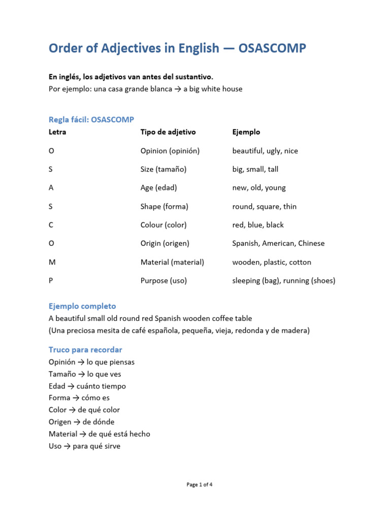 Order of Adjectives OSASCOMP | PDF | Unidades Semánticas | Morfología ...