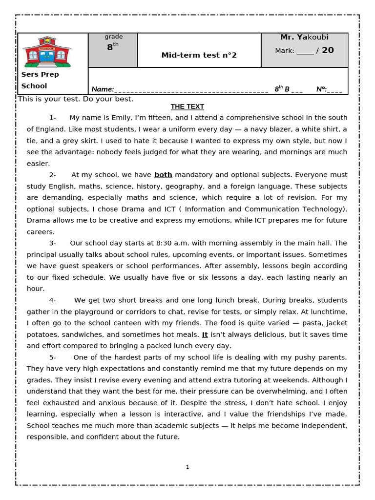 8th Form Full Term Test 1 Reading Comprehension | PDF