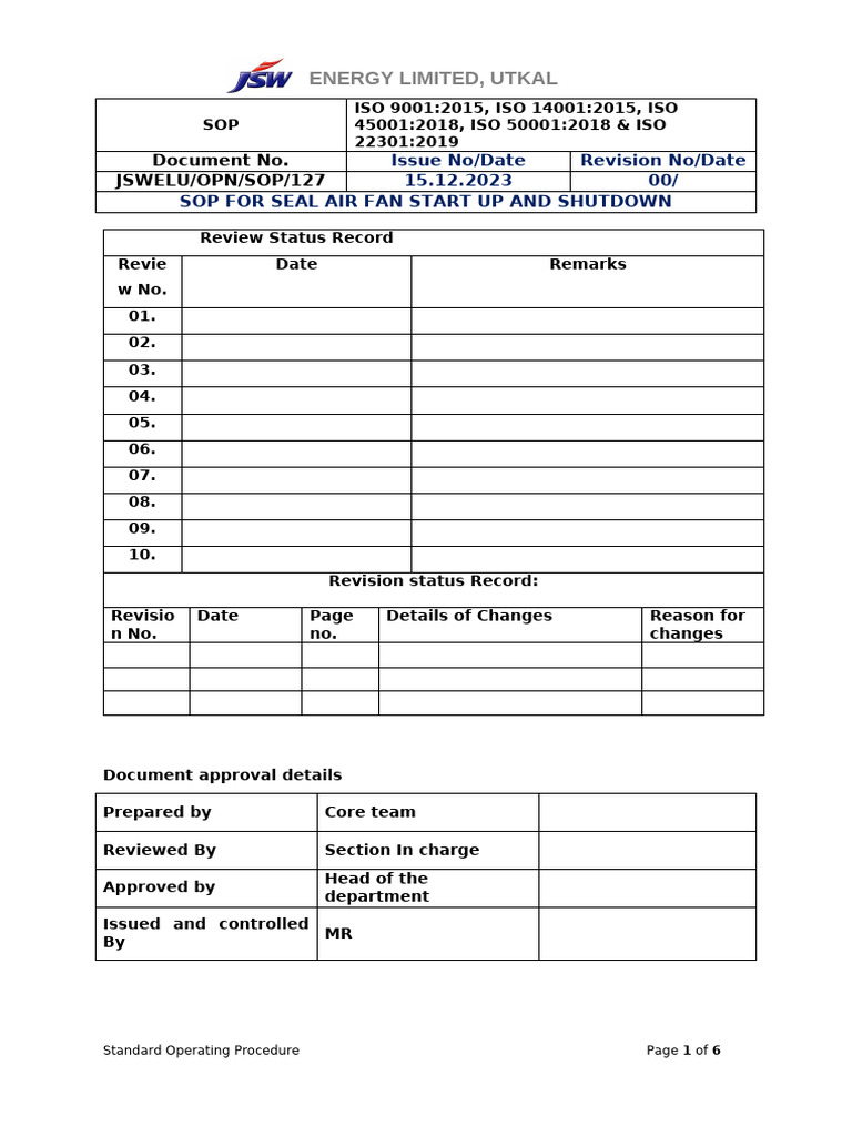 127.sop For Seal Air Fan Start Up and Shutdown | PDF | International ...
