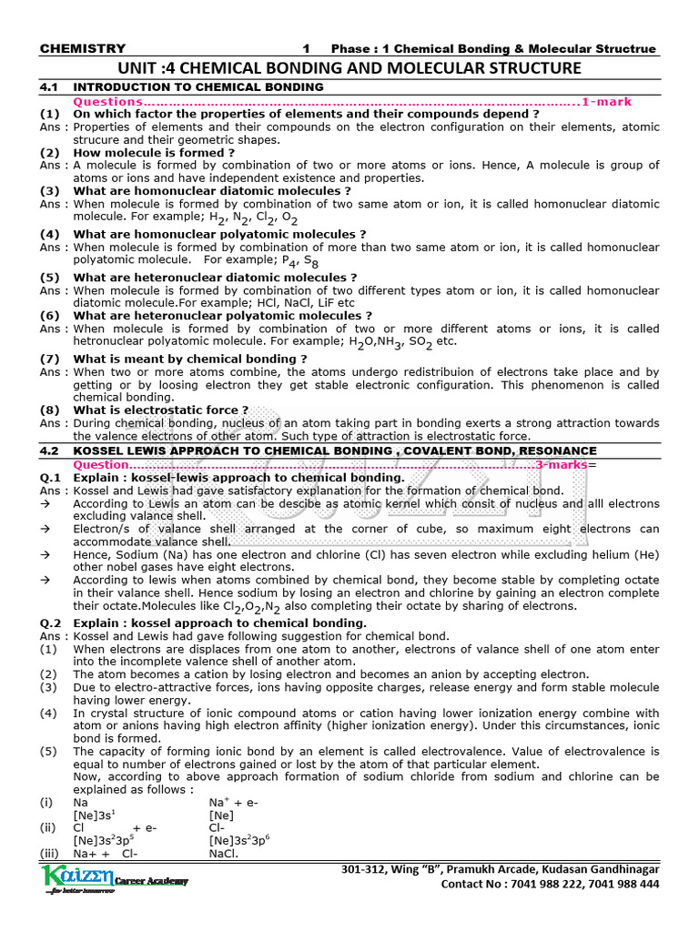 Phase 1 STD 11 Unit 4 Chemical Bond FINAL | PDF | Chemical Polarity ...