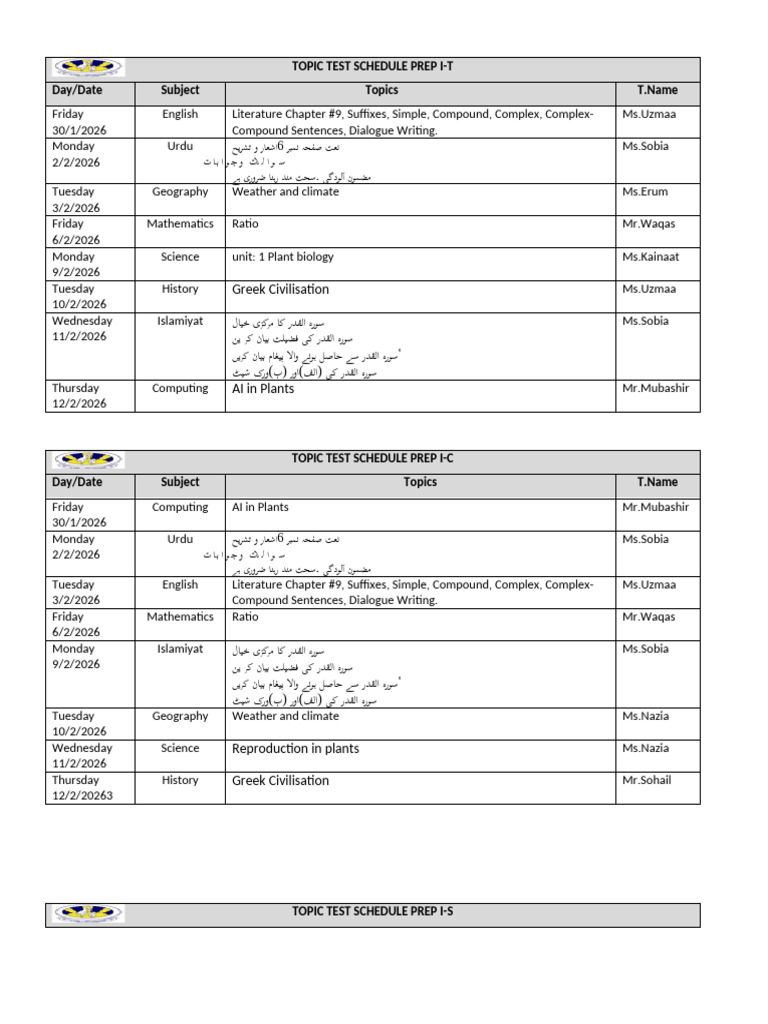 Topic Test Schedule | PDF