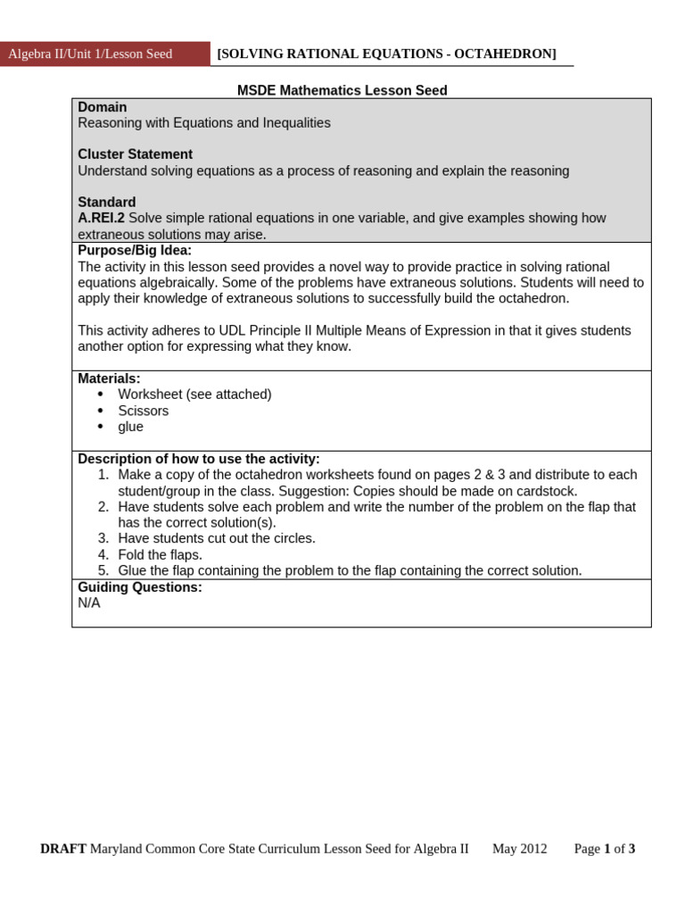 5.4 Solving Rational Equations Activity | PDF