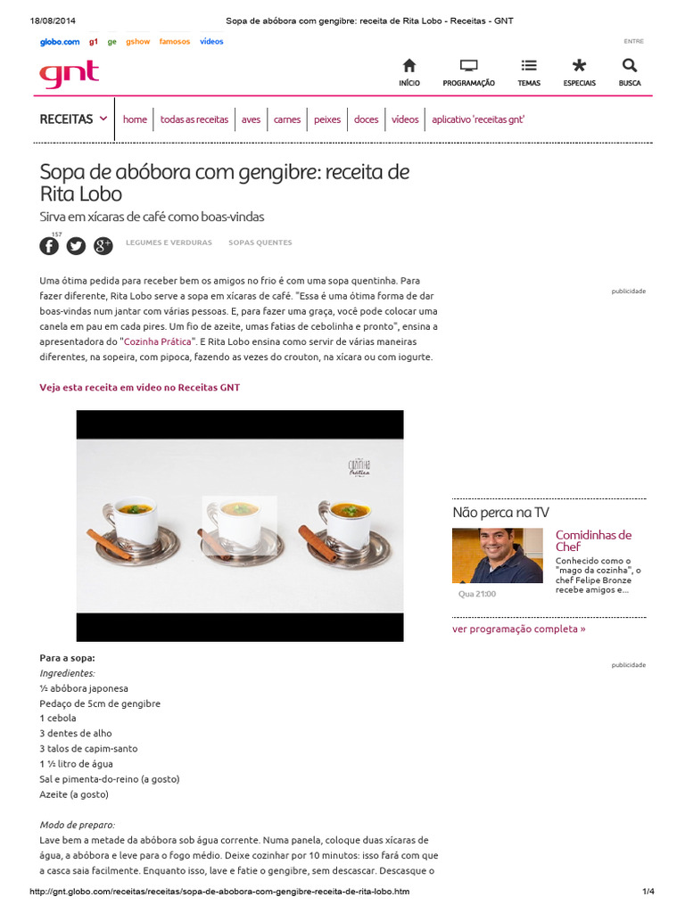 Sopa de abóbora com gengibre_ receita de Rita Lobo - Receitas - GNT ...