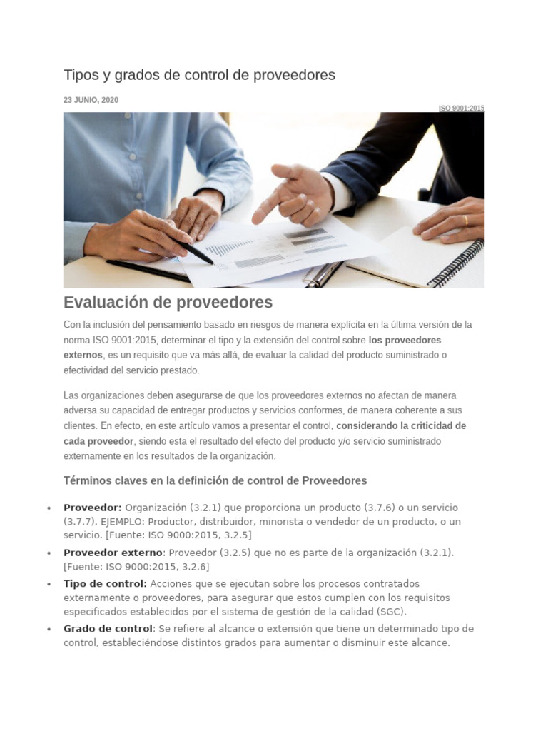 Tipos y Grados de Control de Proveedores | PDF | Calidad (comercial ...