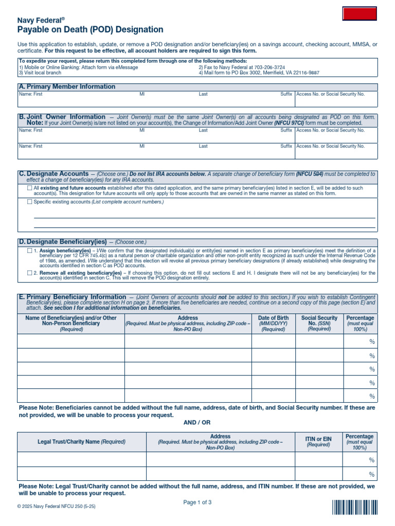 Payable On Death (POD) Designation: A. Primary Member Information | PDF ...