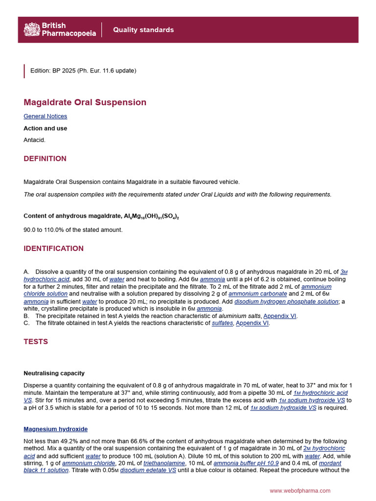 Magaldrate Oral Suspension - British Pharmacopoeia | PDF | Sodium | Acid