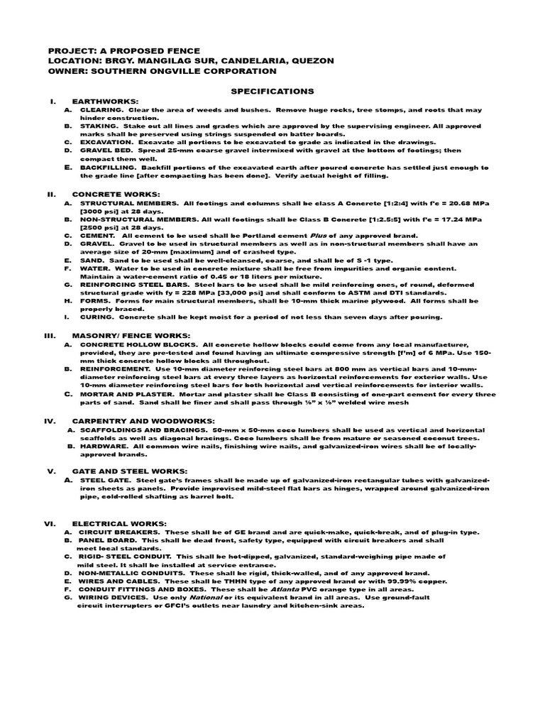 Specs Fence W Electricals Southern Ongville Ian Neil | PDF | Concrete ...