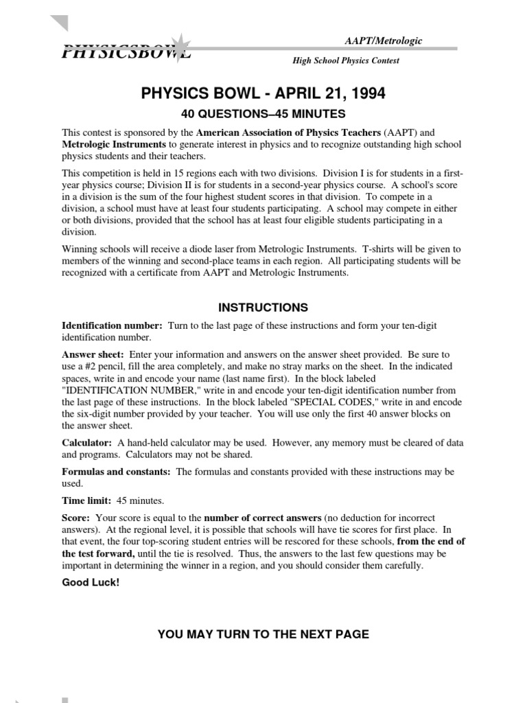 Physics Bowl PB - 1994 | PDF | Electron | Electronvolt
