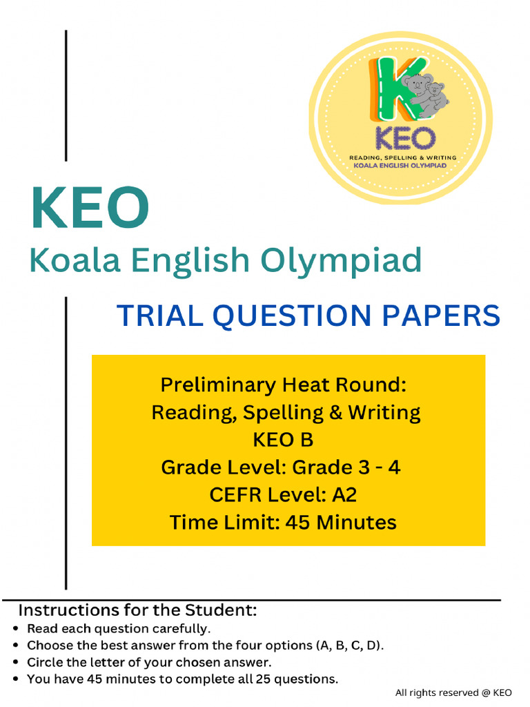 Koala English Olympiad - Preliminary Heat Round Grade 3-4 | PDF | Zoology
