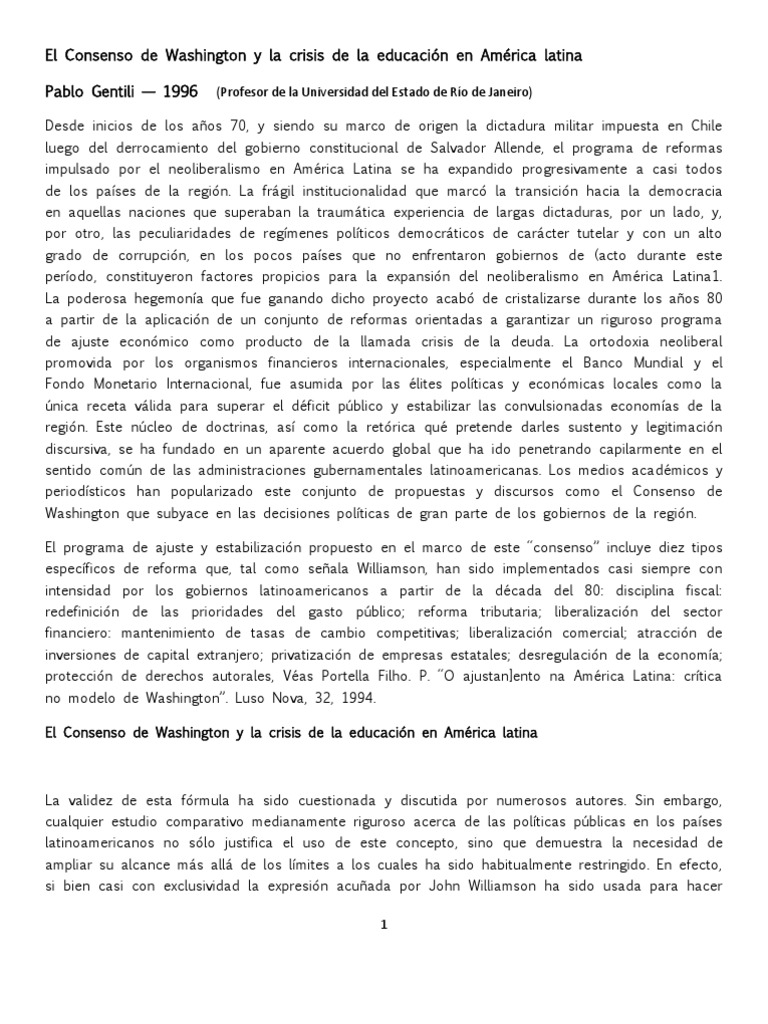 Genitli P. El Consenso de Washington y La Crisis de La Educaci N en Am Rica LatinaEl Consenso de ...