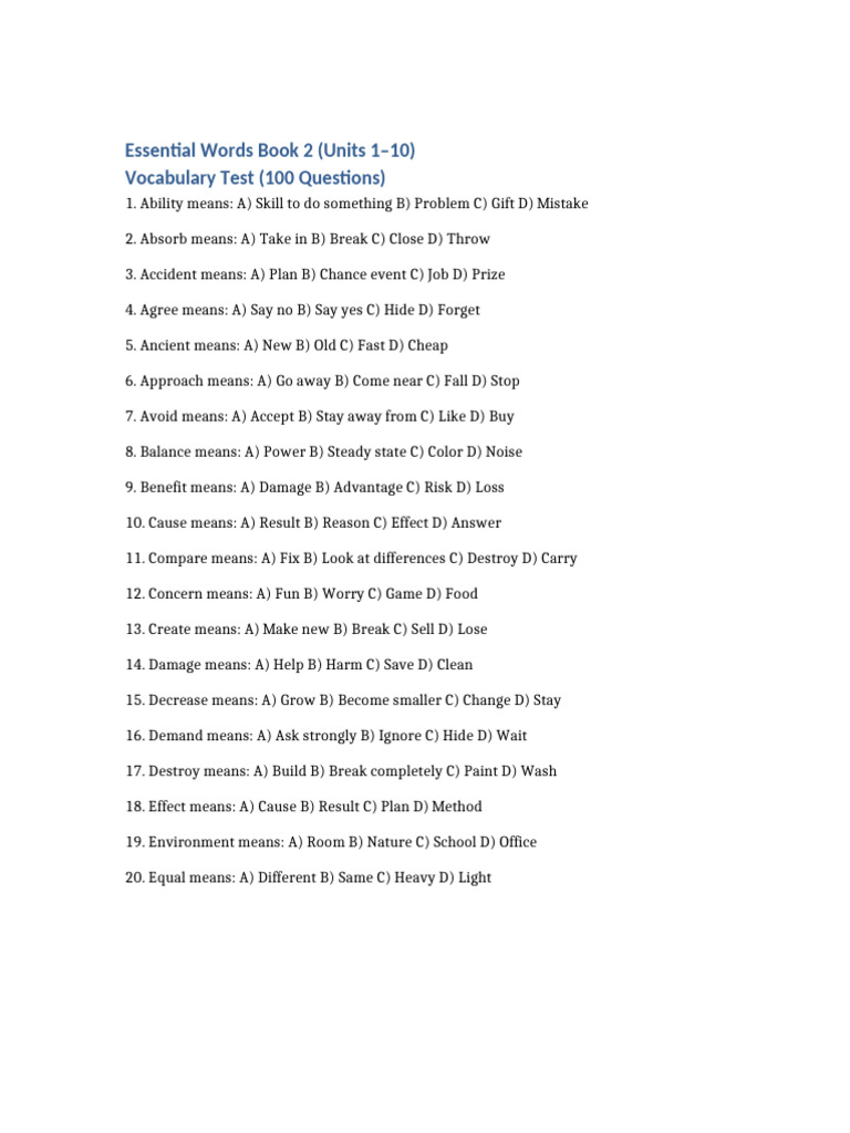 Essential Words Book2 Unit1-10 Test and Key | PDF