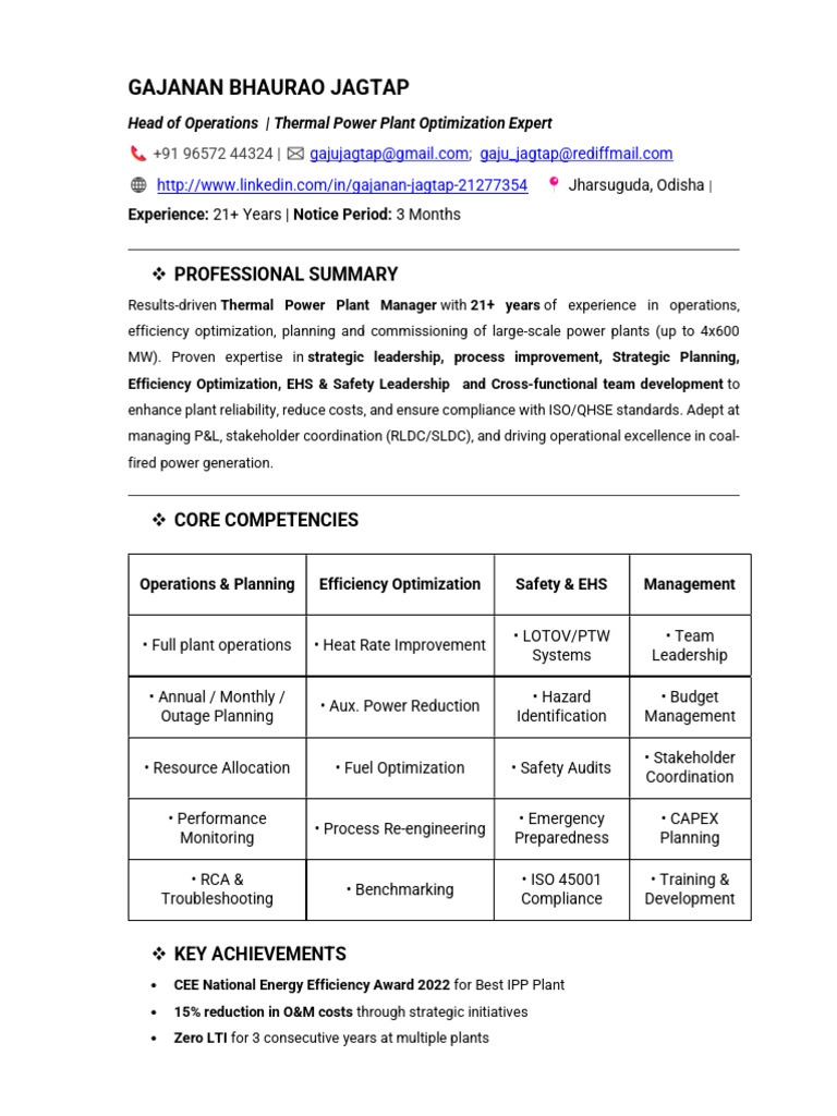 Resume - Head Operation - Gajanan Bhaurao Jagtap PDF | PDF | Power ...