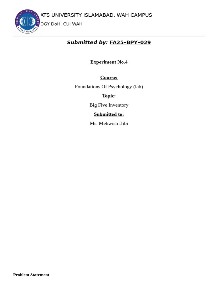 Big Five Inventory Experiment-1 | PDF | Extraversion And Introversion ...