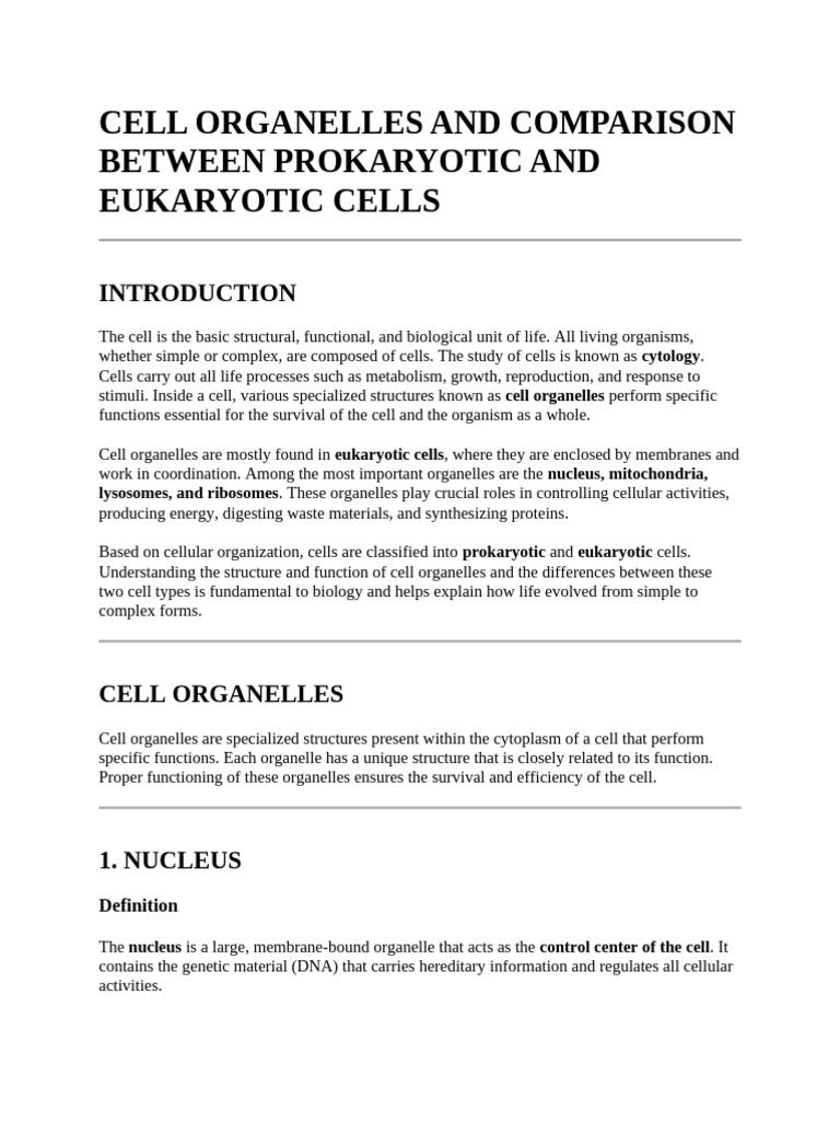 Cell Organelles and Comparison Between Prokaryotic and Eukaryotic Cells ...