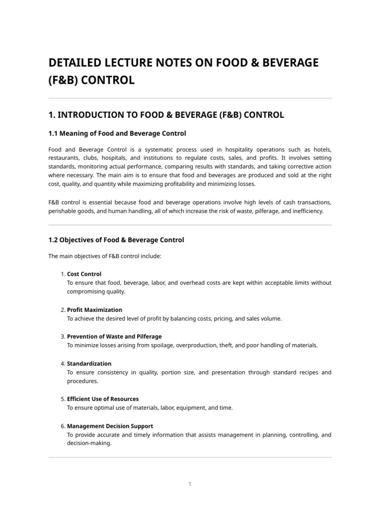 Detailed Notes - Food & Beverage Control | PDF | Pricing | Cost Accounting