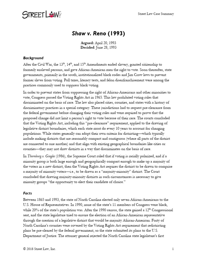 Shaw v Reno | PDF | Fourteenth Amendment To The United States ...