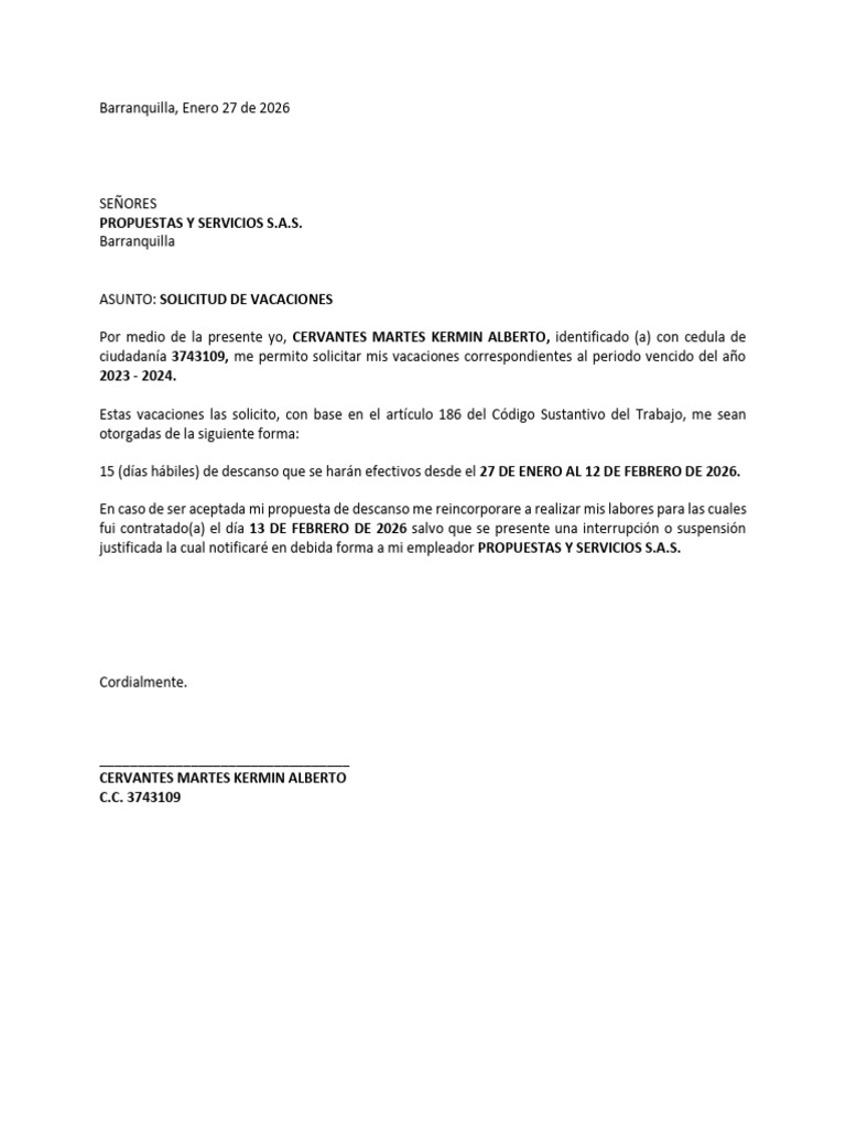 CARTA VACACIONES Kermin Cervantes | PDF