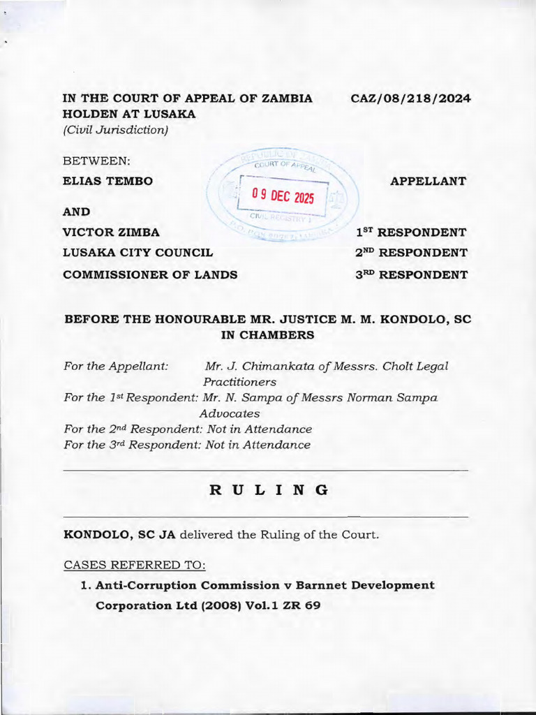 Elias Tembo v Victor Zimba and Ors (CAZ082182024) 2025 ZMCA 179 (9 ...