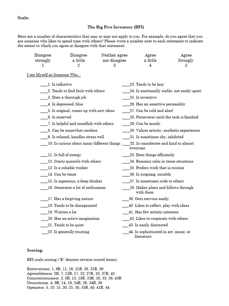 Big Five Inventory (Bfi) (1991) (1) | PDF | Psychology | Psychological ...