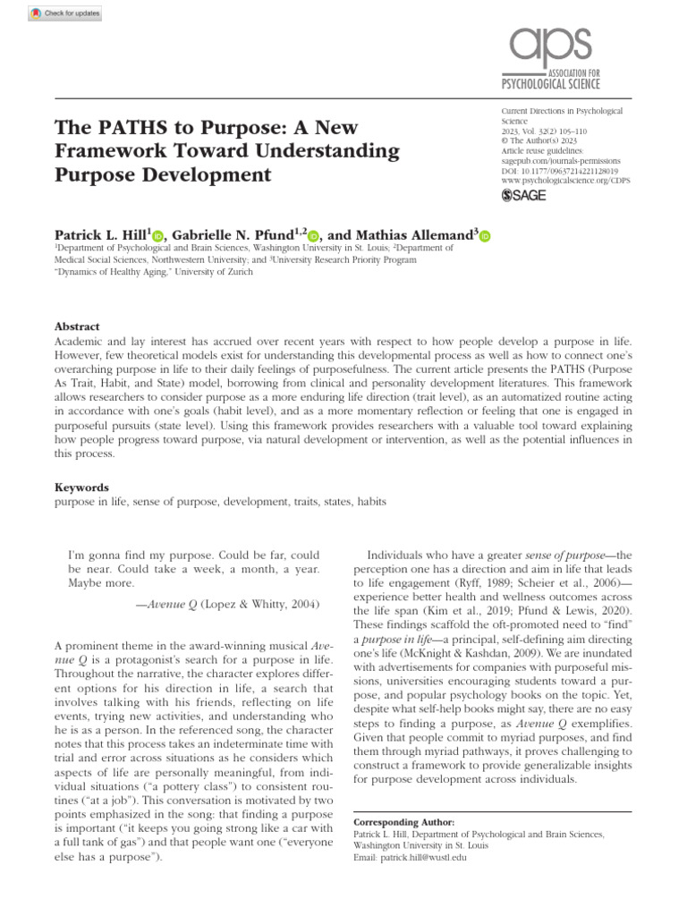 The PATHS To Purpose - A New Framework Toward Understanding Purpose ...