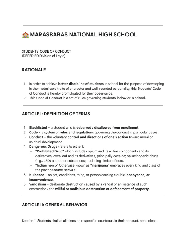Marasbaras National Highschool Code of Conduct. | PDF