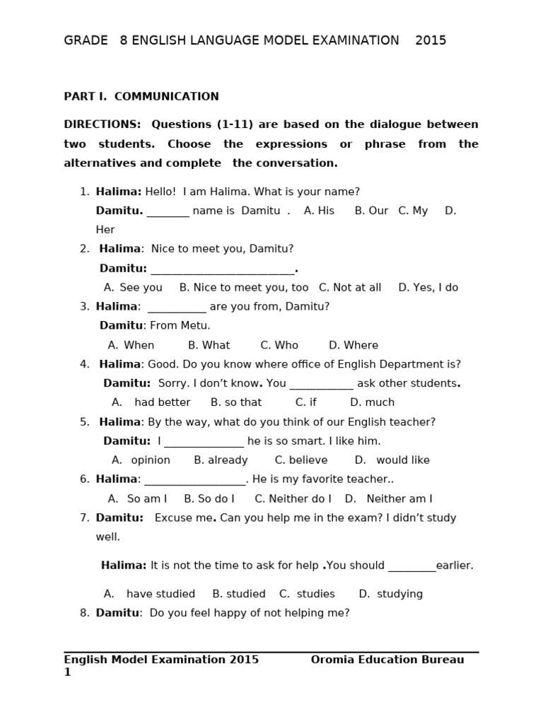 Grade 8 Model Examination 2015 | PDF