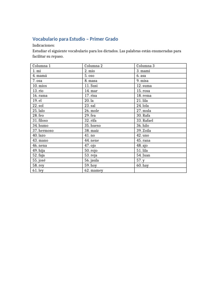 Vocabulario Primer Grado Tabla 3 Columnas | PDF