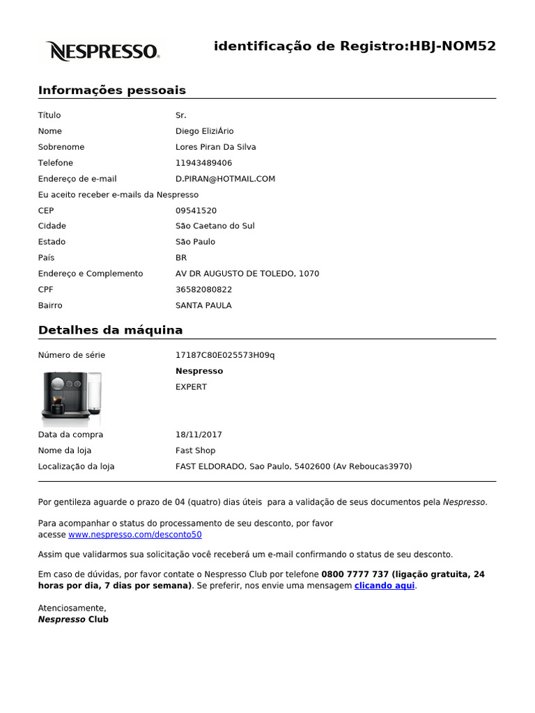 Nespresso Registration Summary | PDF