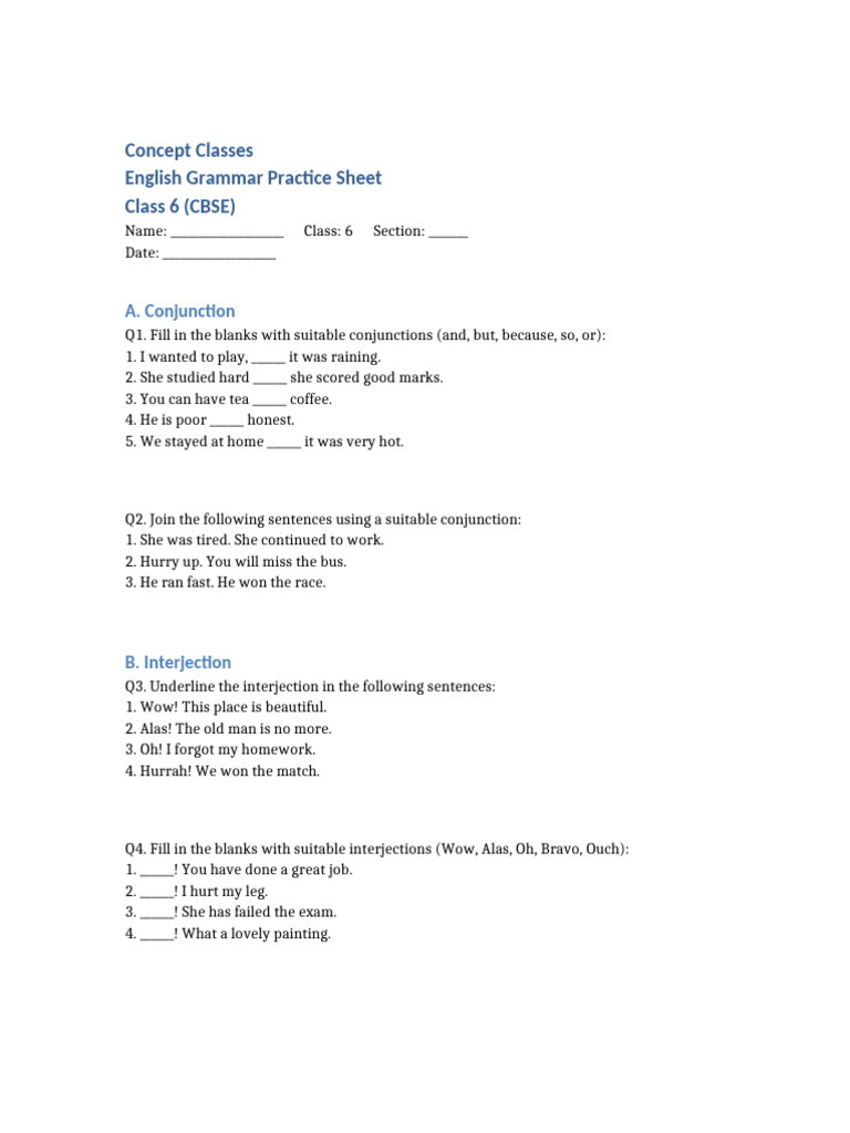 Class 6 CBSE Grammar Practice Sheet Concept Classes | PDF