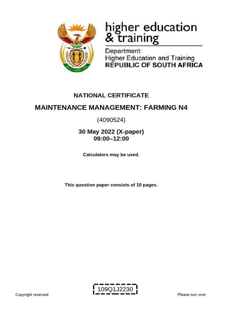 Maintenance Management Farming n4 June QP 2022 Watson | PDF | Concrete ...
