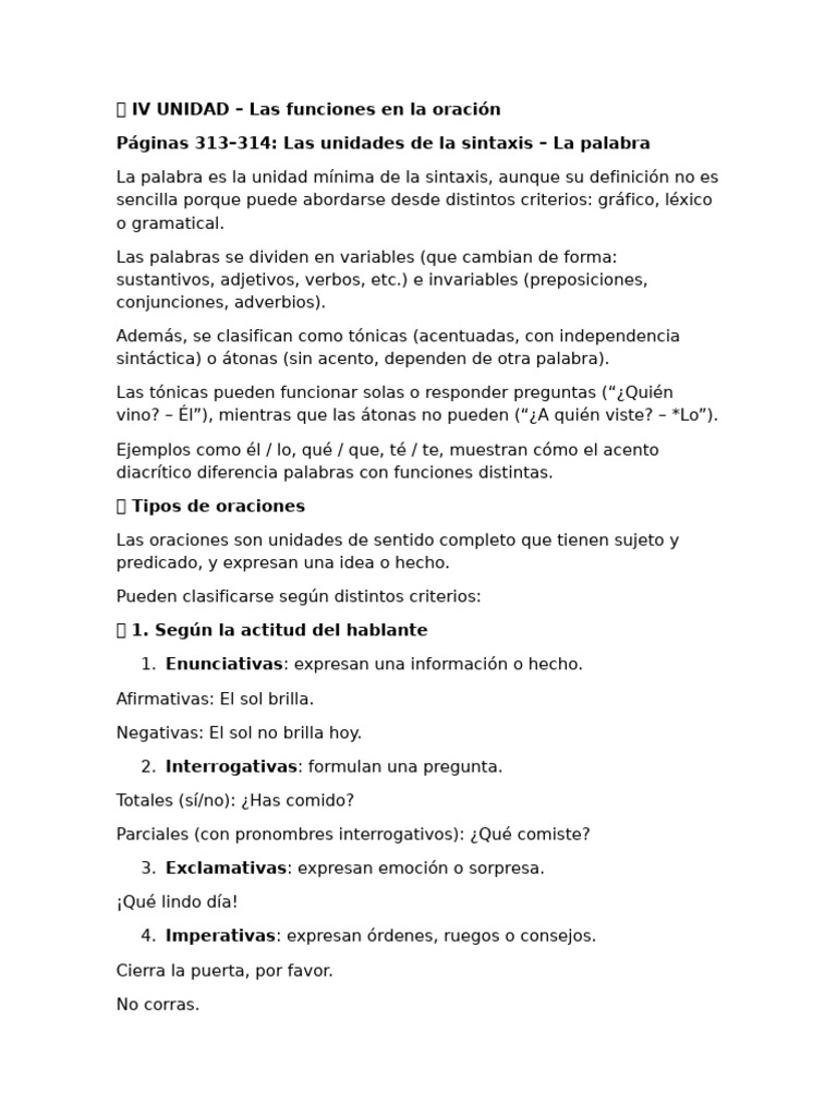 IV UNIDAD - Las Funciones en La Oración | PDF | Asunto (gramática ...