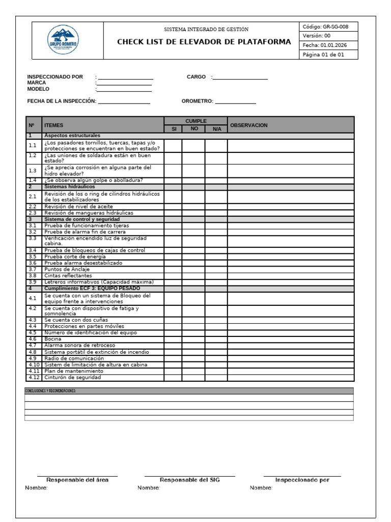 Gr-sg-008 Check List de Plataforma Elevadora | PDF