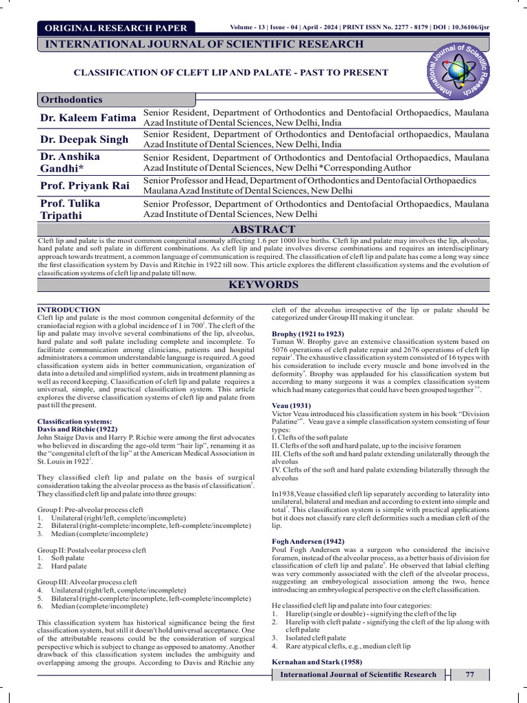 Classification of Cleft Lip and Palate - Past To P | PDF | Face ...