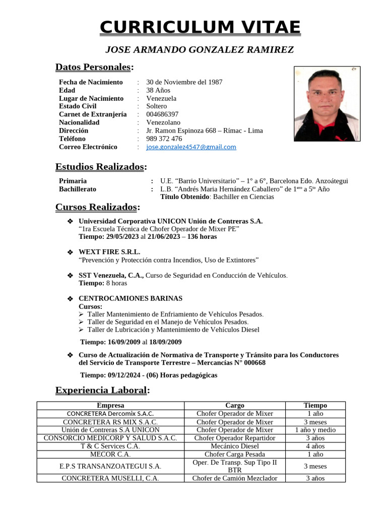 Cv Jose Armando Gonzalez Ramirez 2026 | PDF | Transporte