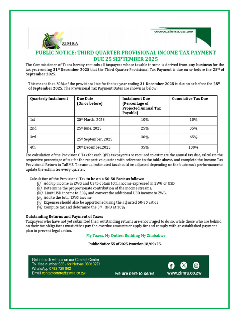 Public Notice 55 of 3rd Quarter Provisional Income Tax Payment Due 25 ...