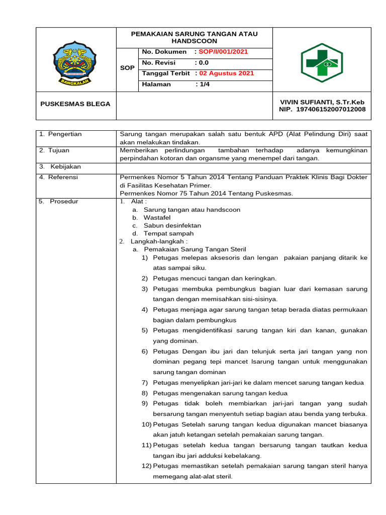 Sop Apd Pemakaian Sarung Atau Handscoon | PDF