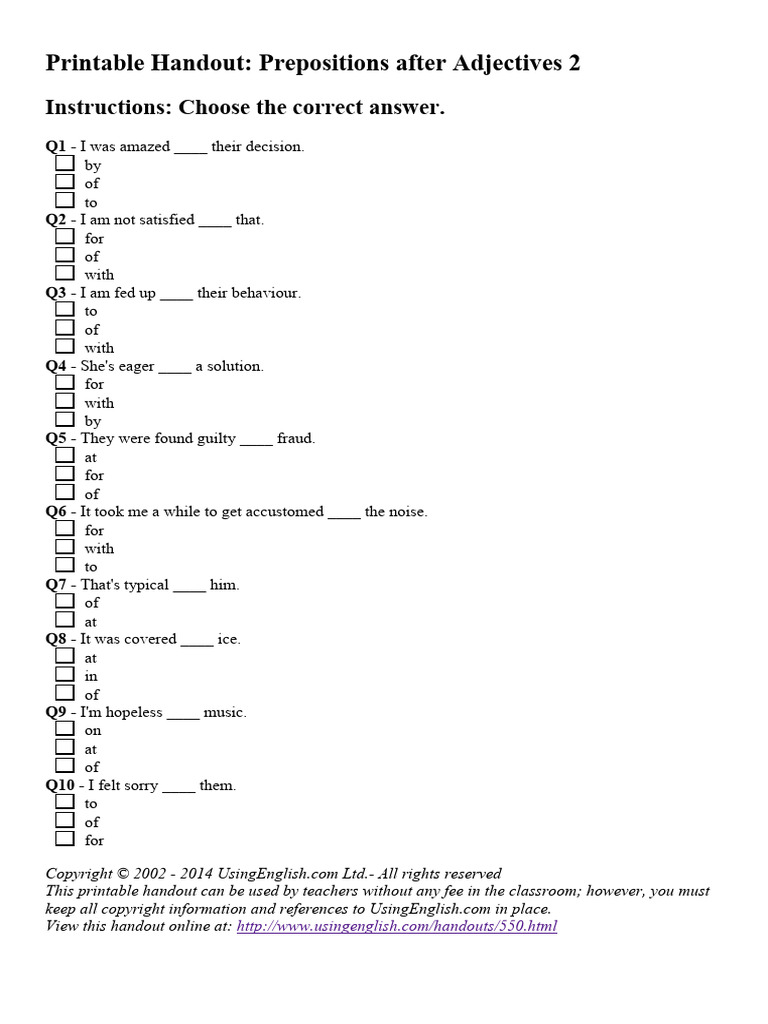 Prepositions After Adjectives 2 | PDF