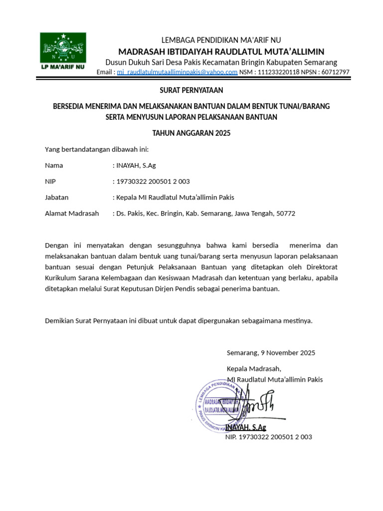 Surat Pernyataan Bantuan Sarpras 2025 | PDF