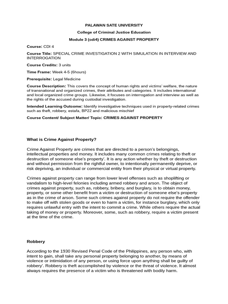 SCISM Crime Against Property | PDF | Robbery | Crimes