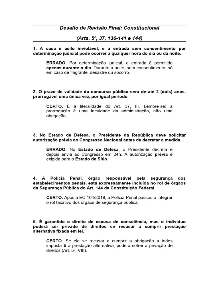 Desafio de Revisão Final - Direito CVVVV | PDF | Constituição | Justiça