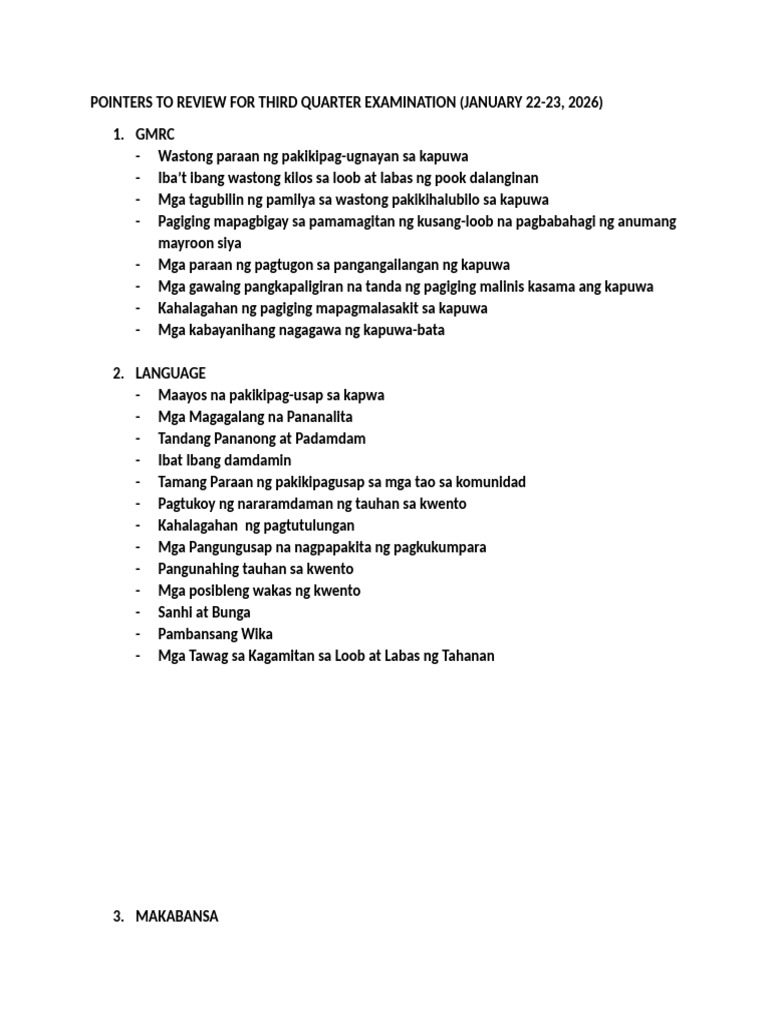 Pointers To Review For Third Quarter Examination | PDF