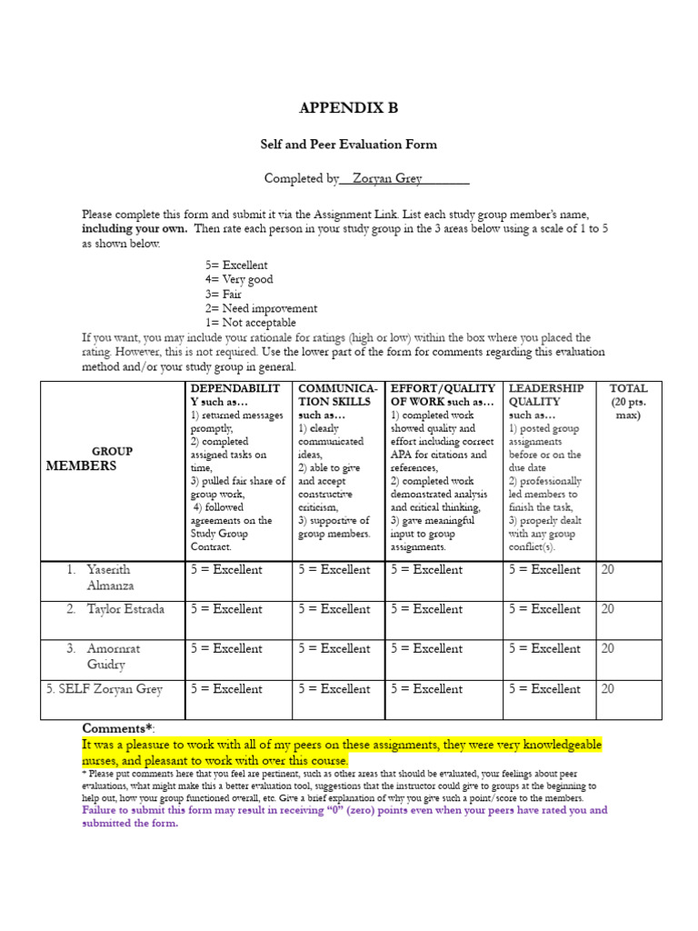 APPENDIX B- Self and Peer Eval Form (QM)-1 | PDF | Social Psychology ...