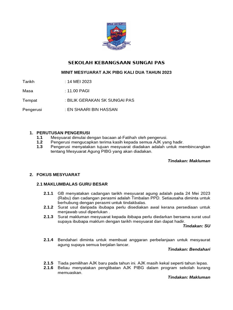 Dokumen - Tips Contoh Minit Mesyuarat Ajk Pibg | PDF