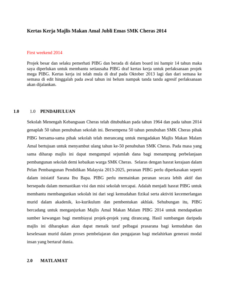 Kertas Kerja Majlis Makan Amal Jubli Emas SMK Cheras | PDF