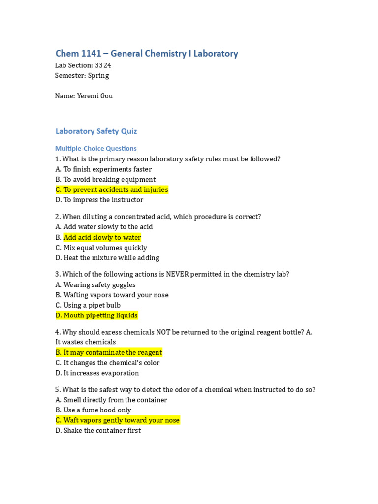 Chem1141 LabSafetyQuiz Student | PDF
